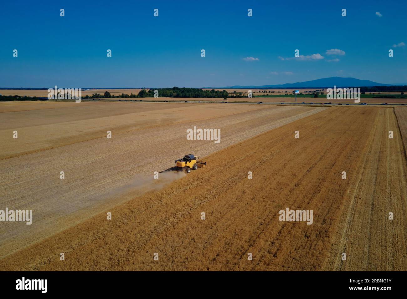 Harvesting machine working at agricultural field. Combine harvester ...