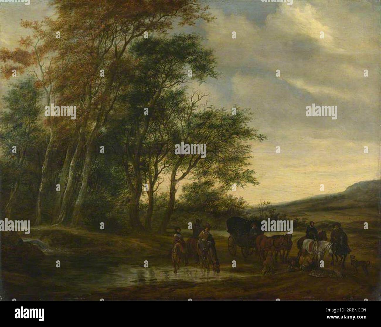 A Landscape with a Carriage and Horsemen at a Pool by Salomon van ...