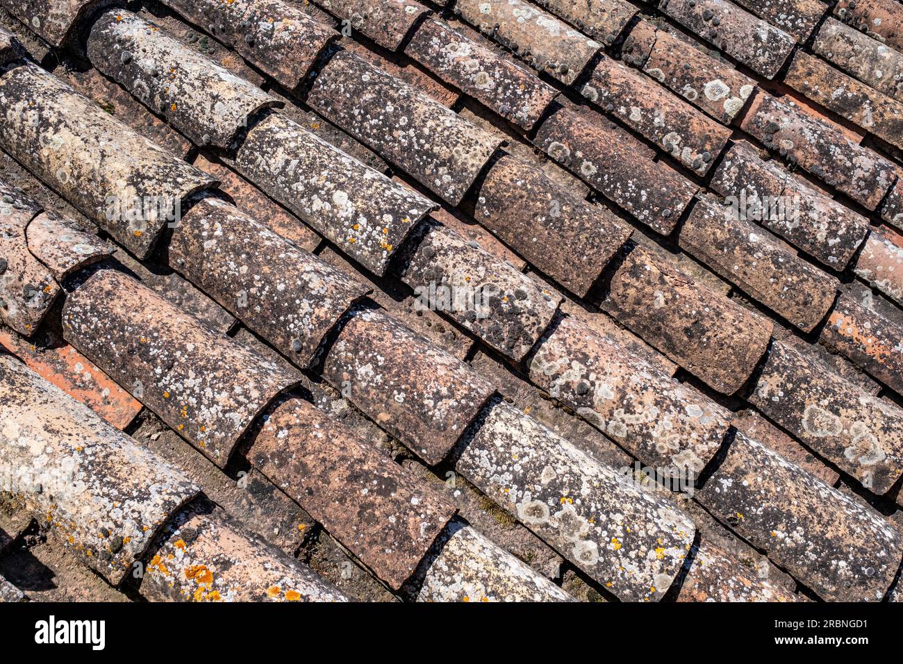 Close-up of old weathered tiles in a medieval village in the province ...