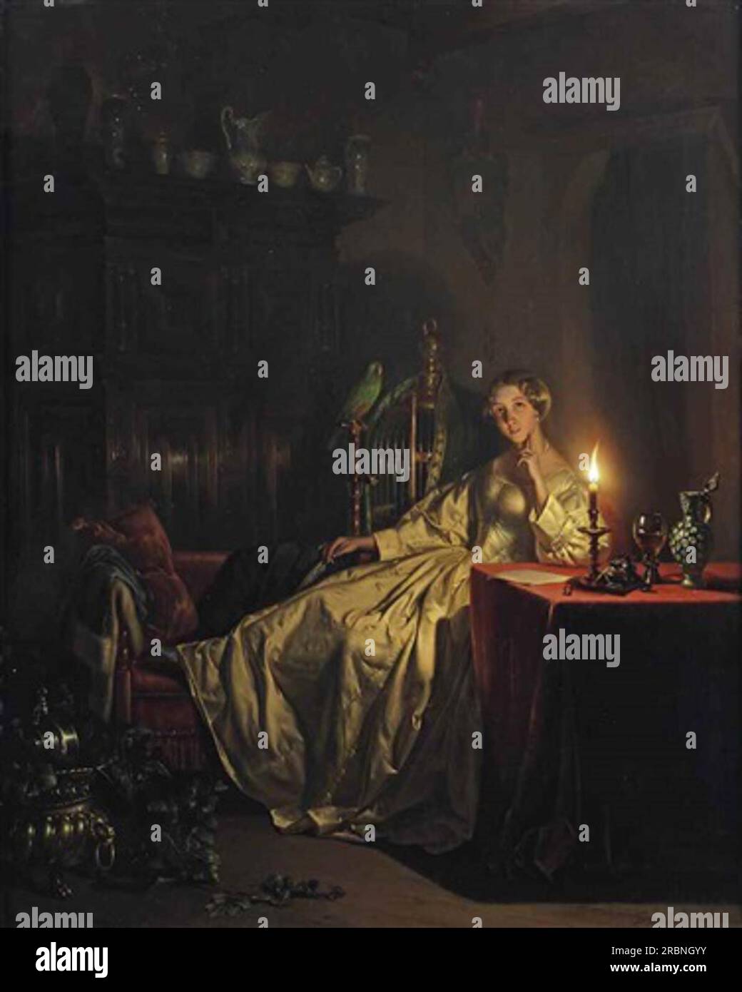 An interior with an elegant lady in a white satin gown and a parrot by ...