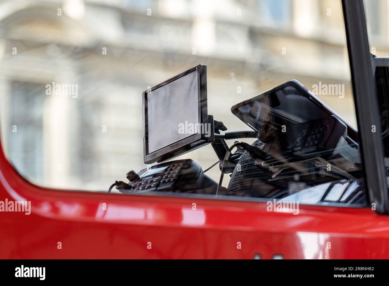 Firetruck interior GPS and radio closeup, modern fire department ...