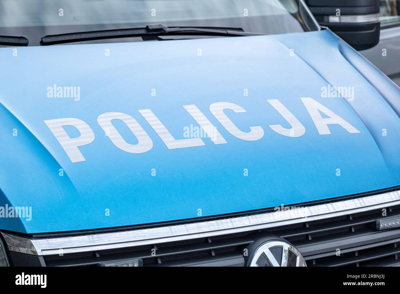 Blue Polish police vehicle hood, policja, police car front detail ...