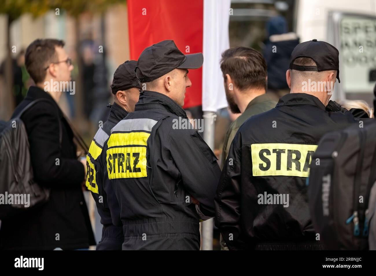 Polish Firefighters, firemen in uniforms standing on the street, group ...
