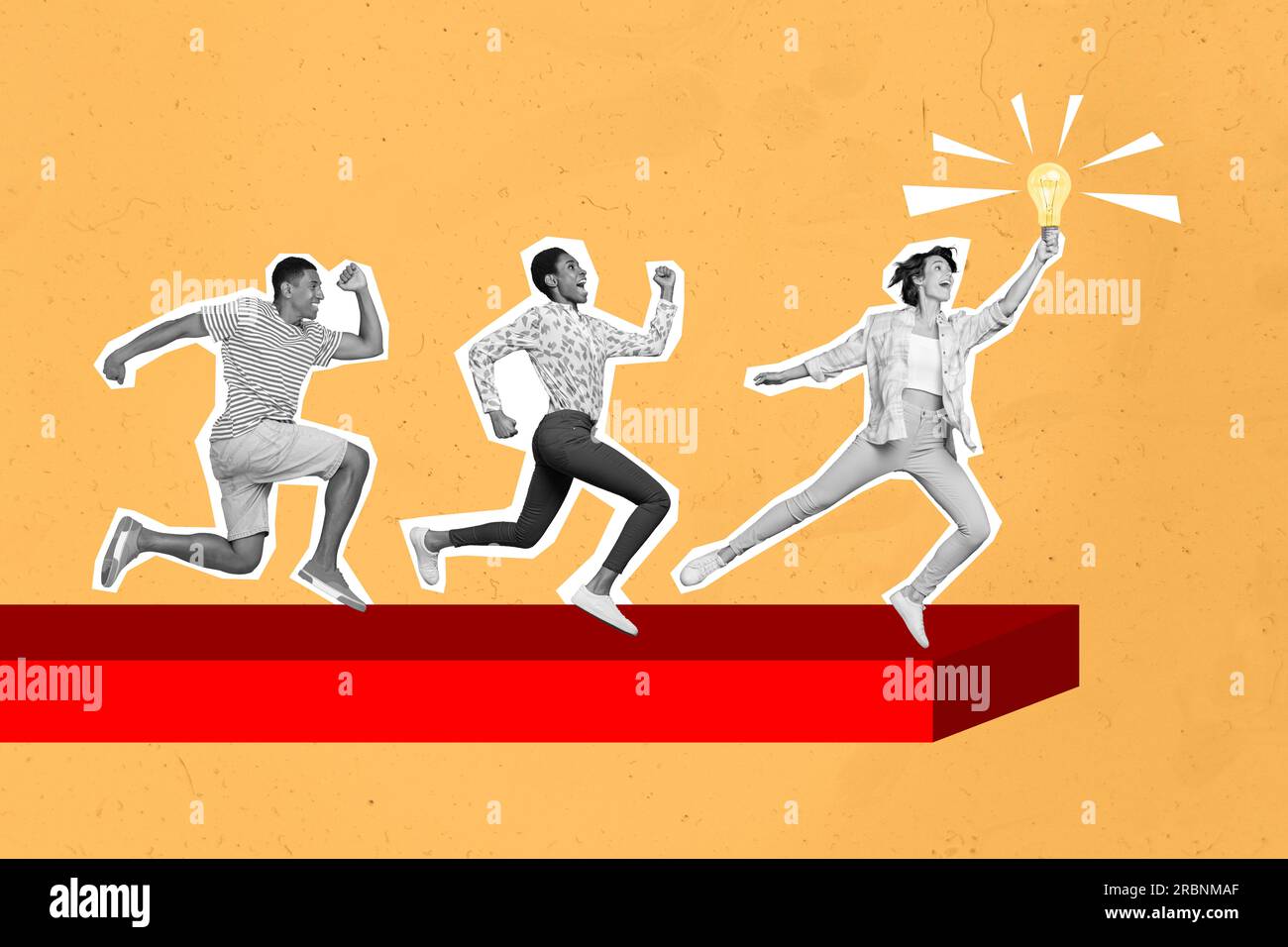 Poster banner pop collage picture of excited cheerful people run ...