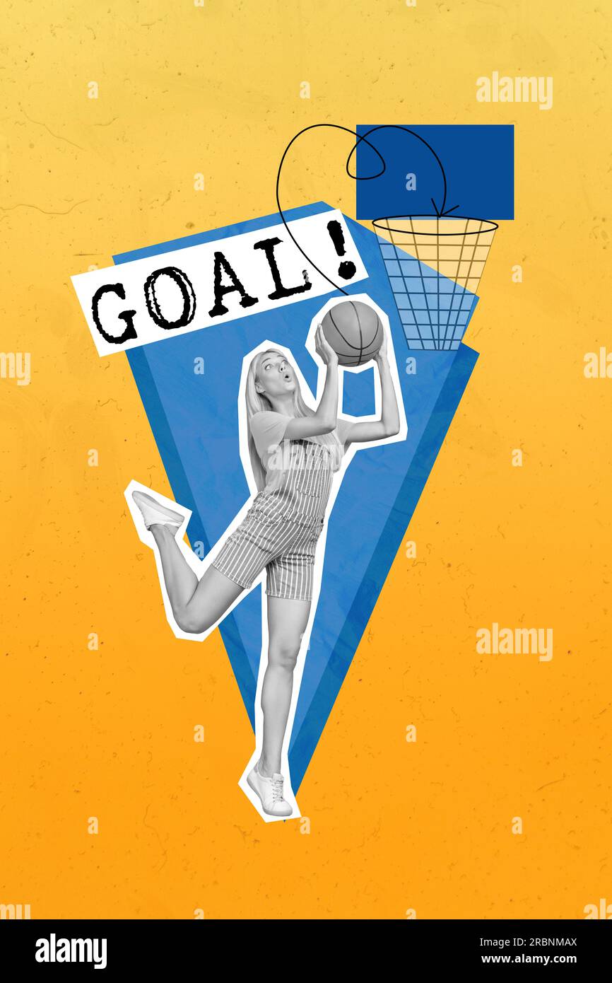 Collage pinup retro sketch of happy smiling lady playing basketball ...