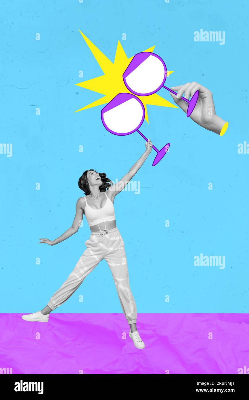 Artwork poster retro collage of cheerful optimistic girl have fun hold ...