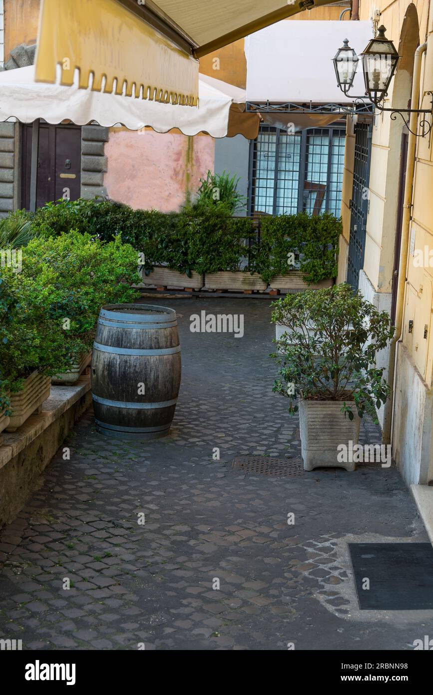 Narrow italian street with plants and flowers. Entrance to family ...