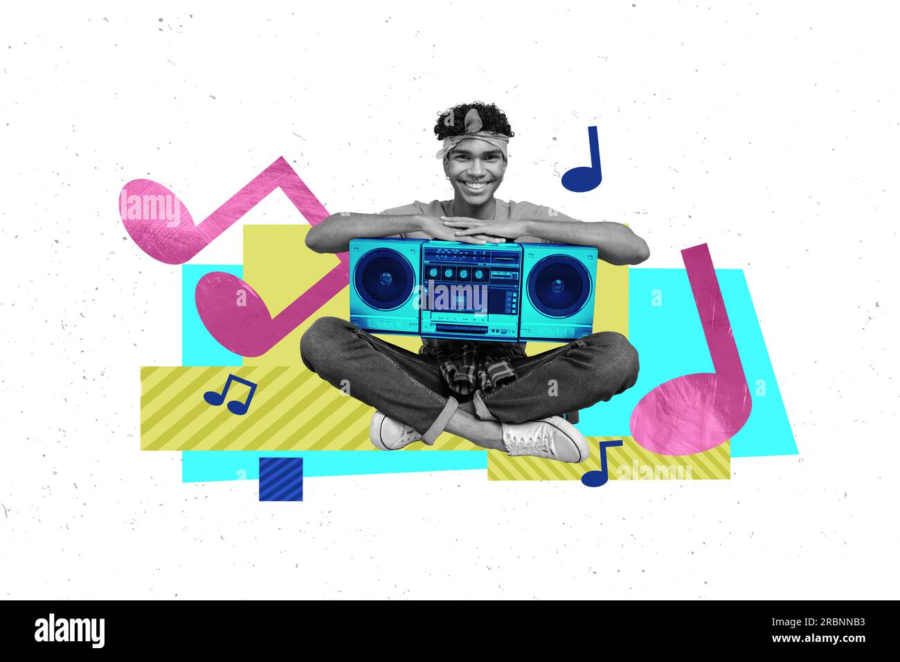 Collage artwork graphics picture of funky guy listening boom box songs ...
