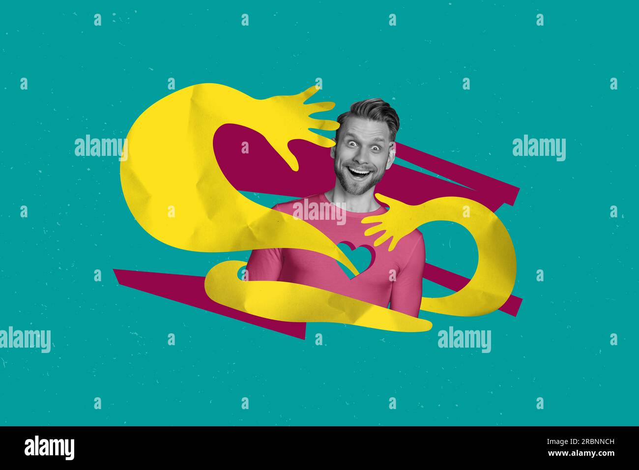Artwork magazine collage picture of excited felling in love guy hugging ...