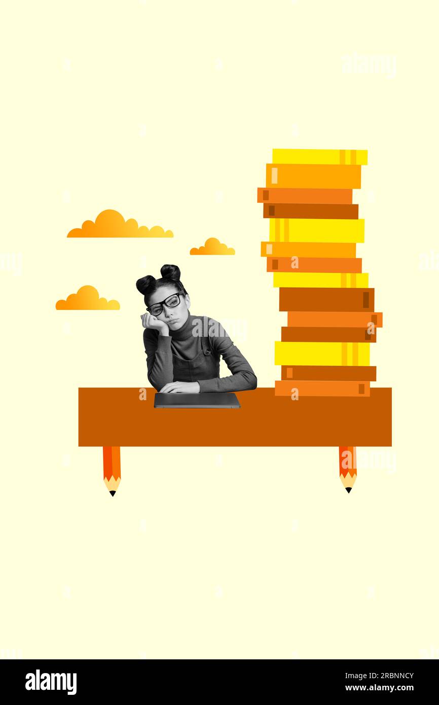 Pop collage illustration of funky student young woman sitting bored ...