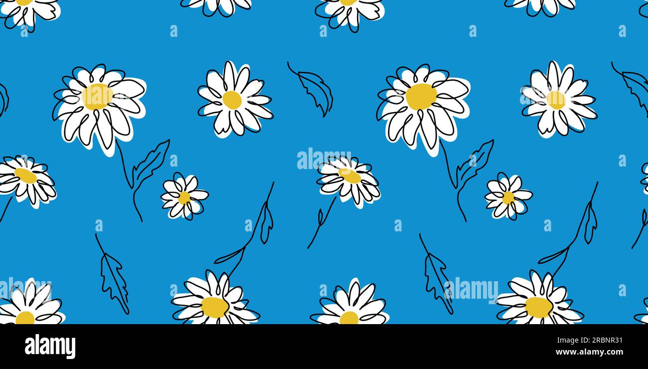 Daisy flowers vector pattern on blue background.Ukrainian blue and ...
