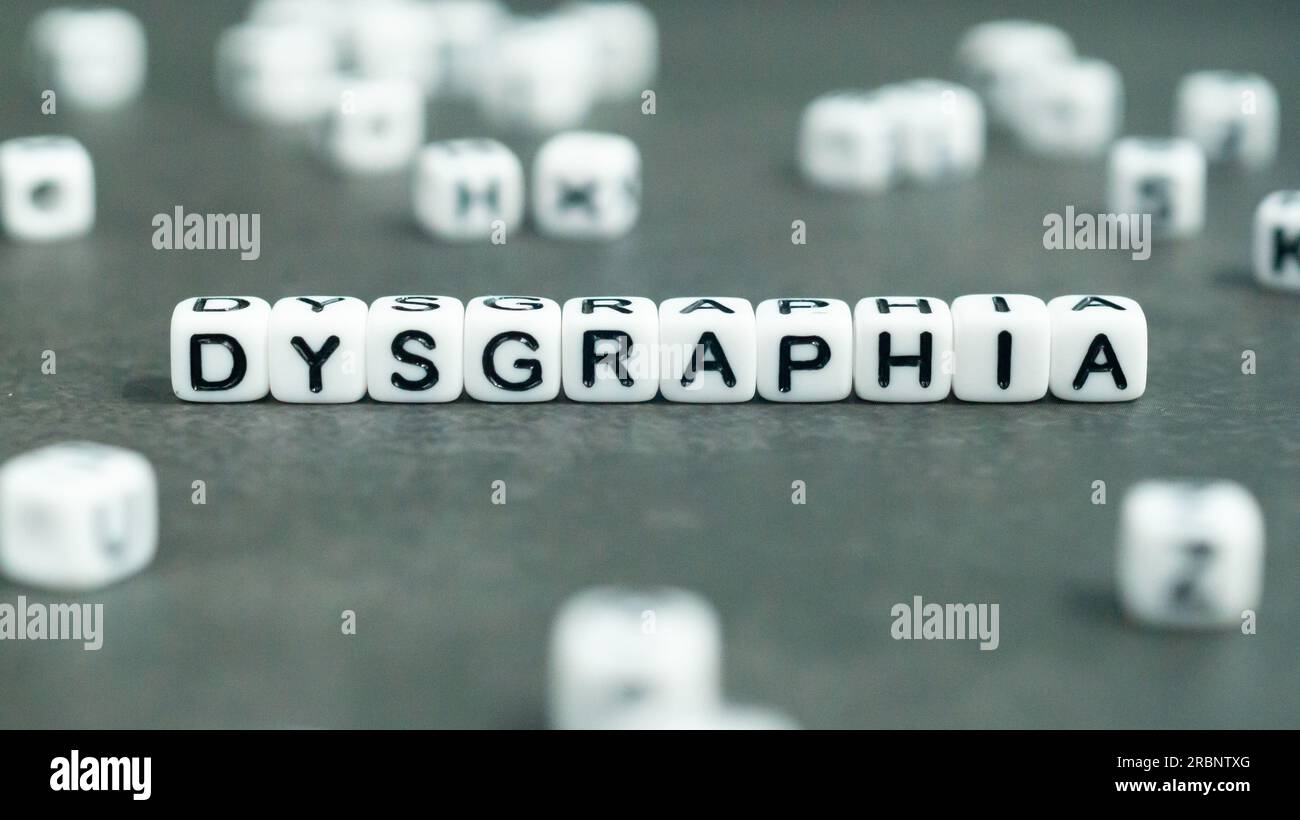 Dysgraphia word in white letter block beads. Front view. Dysgraphia ...