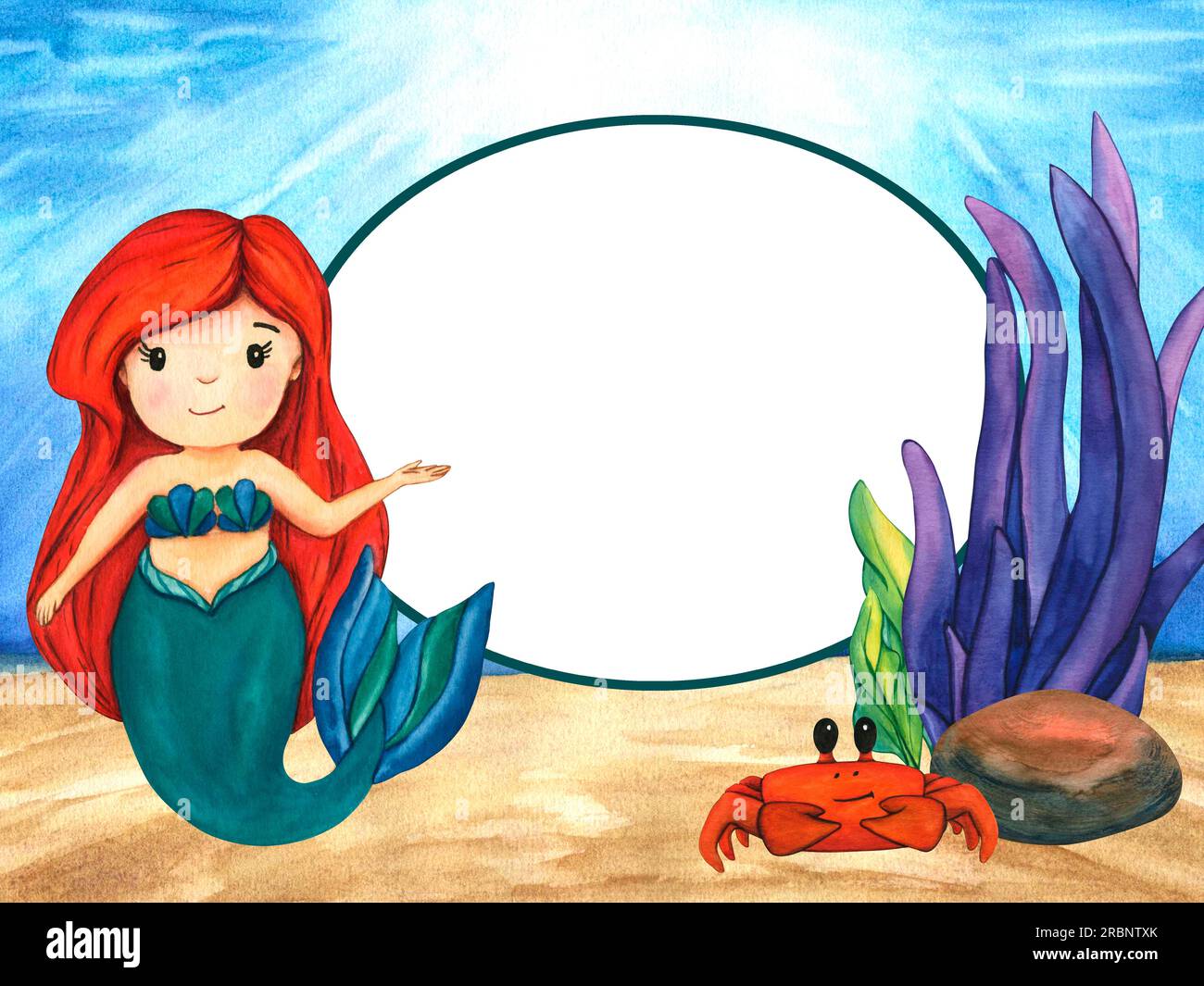 Frame. Seascape, stones, cute mermaid, crab and violet seaweed. Seabed ...