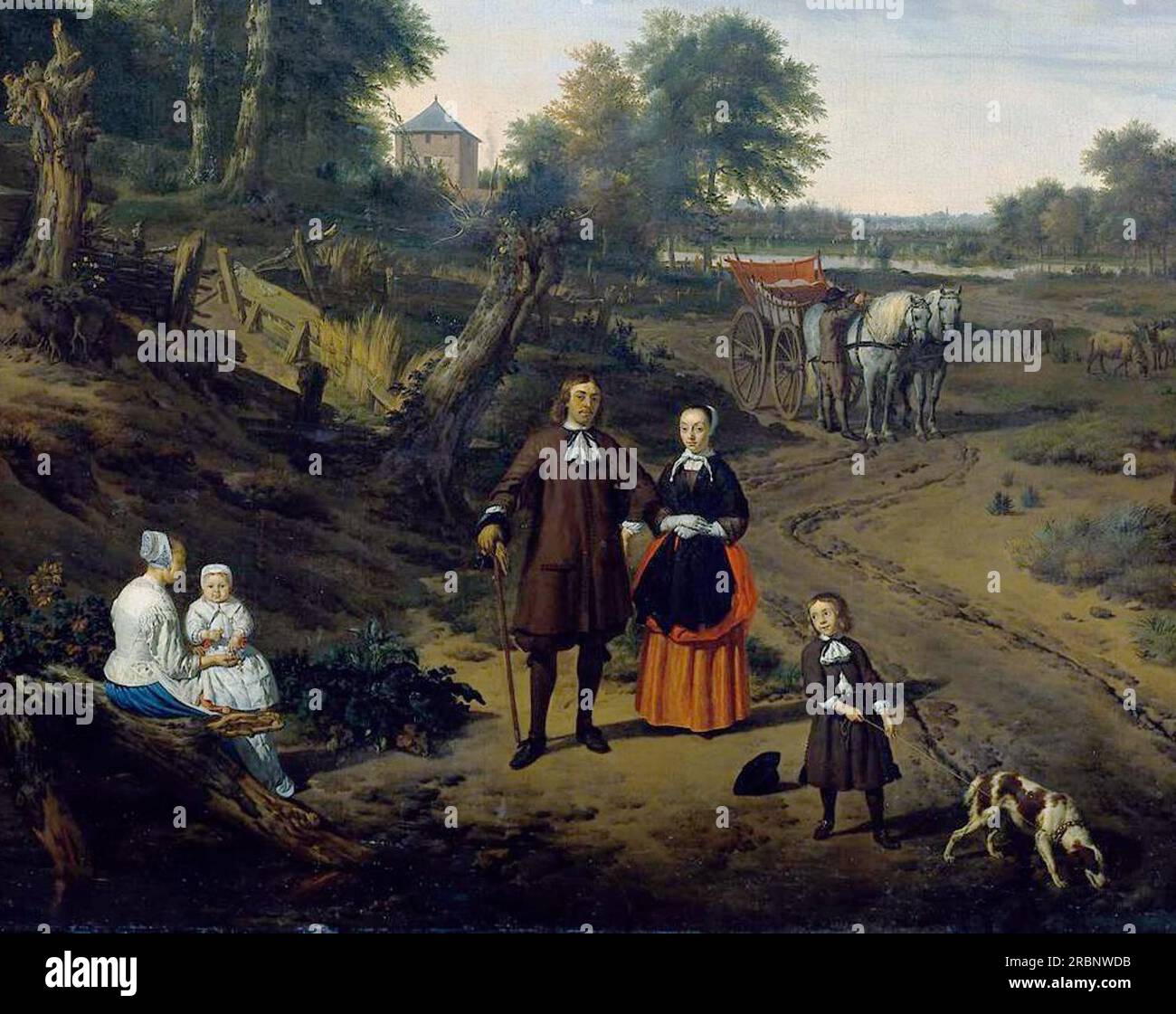 Portrait of a couple with two children and a nursemaid in a landscape ...