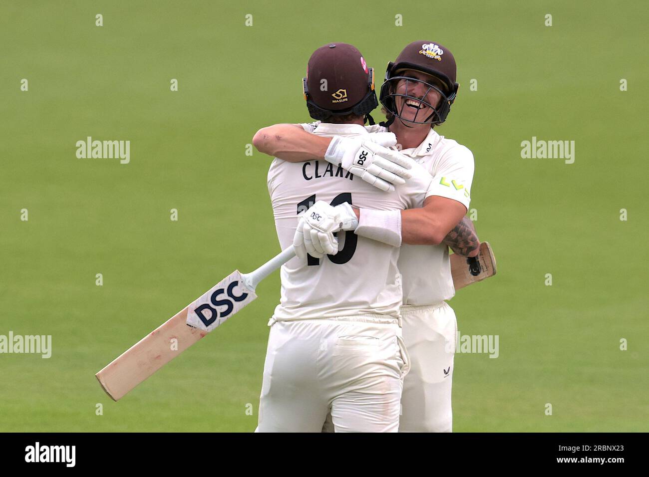 London, UK. 10th July, 2023. Surrey's Jordan Clark gets a hug from Sean ...