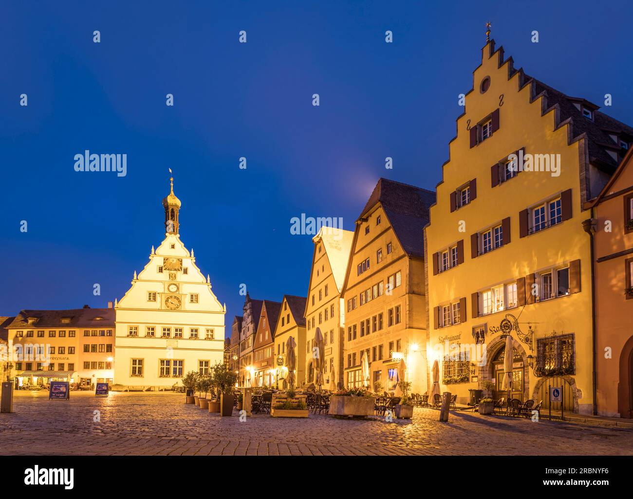 Historic houses on the market square in the old town of Rothenburg ob ...