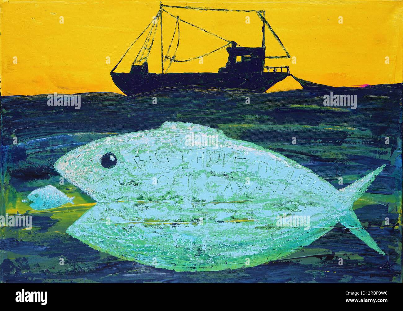Abstract art painting the big fish eat little fish Stock Photo - Alamy