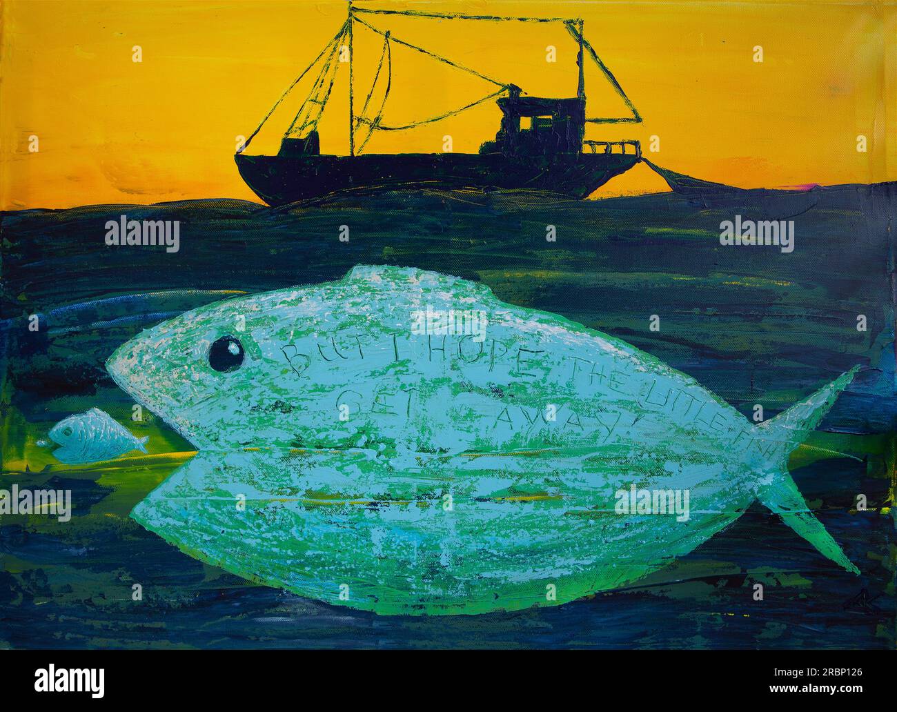 Abstract art painting the big fish eating little fish Stock Photo - Alamy