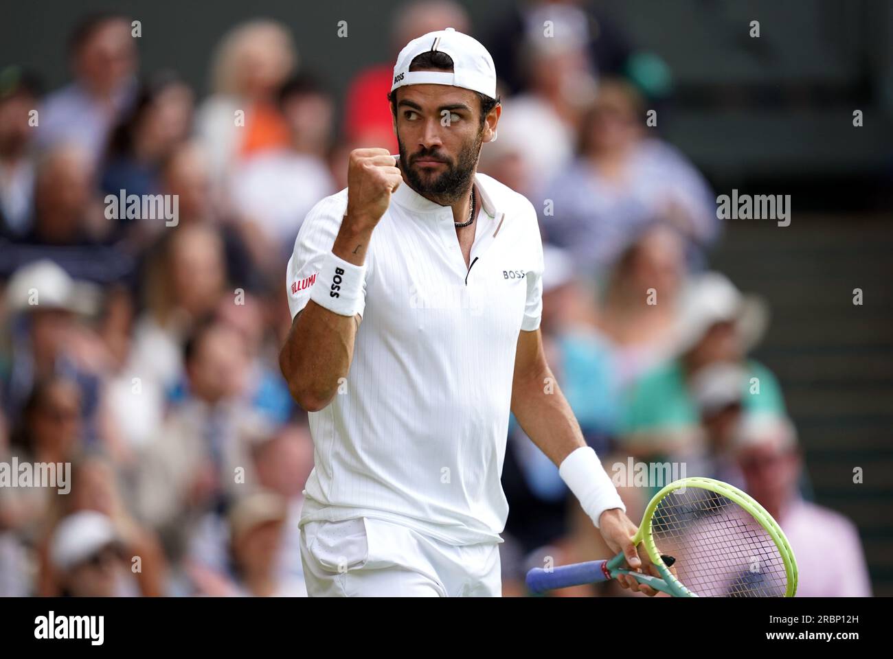 Matteo Berrettini reacts during his match against Carlos Alcaraz (not pictured) on day eight of ...