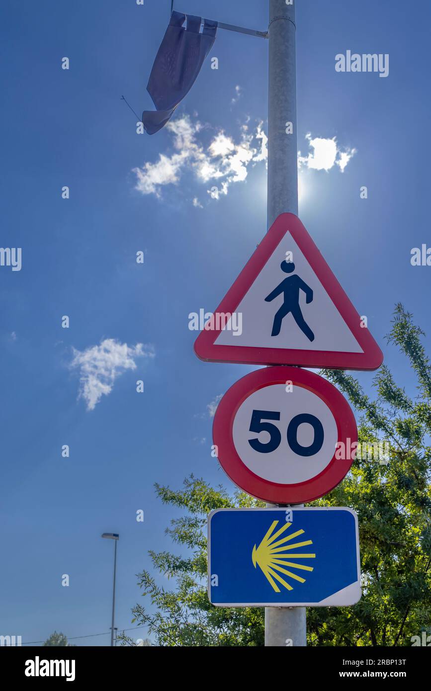 Road sign totem with yellow shell, that guides pilgrims along the ...