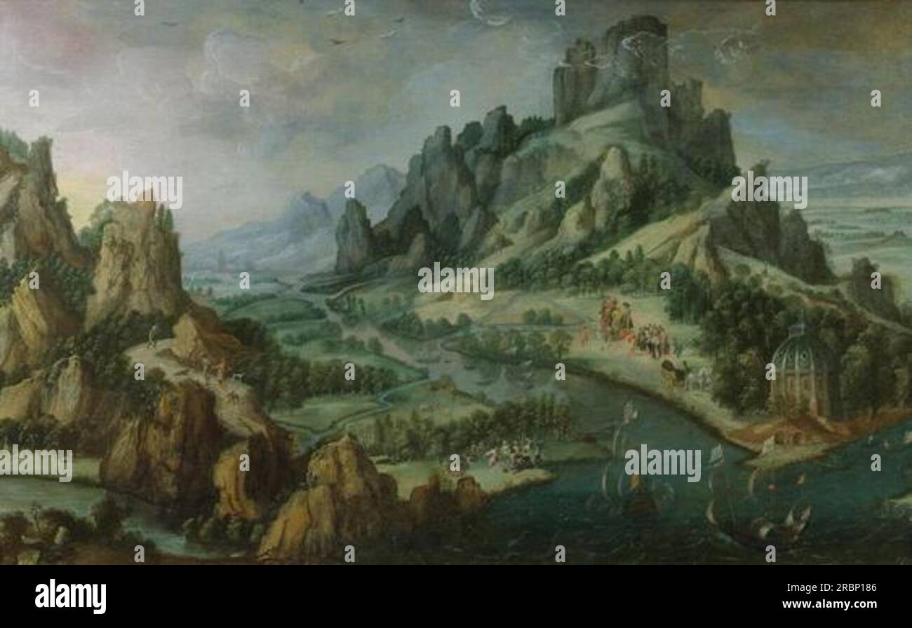 Broad imaginary landscape with allegorical figures by Tobias Verhaecht ...