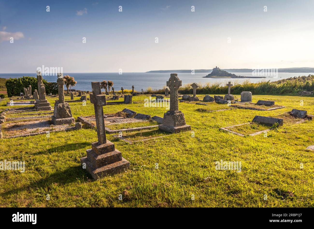 Old Marazion Cemetery and view of St Michael`s Mount, Cornwall, England ...