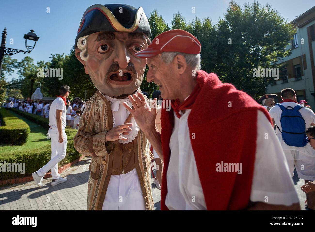 Pamplona, Spain. 10th July, 2023. The big-headed "Napoleón" talks with ...