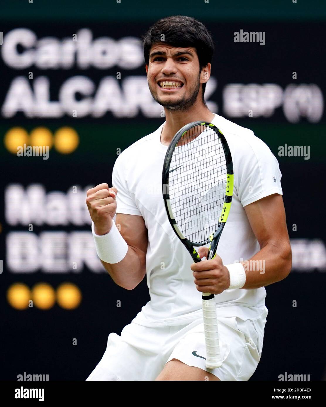 Carlos Alcaraz reacts during his match against Matteo Berrettini (not pictured) on day eight of ...