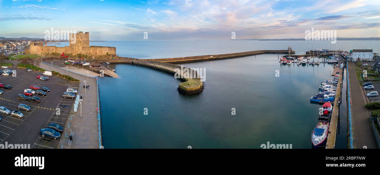 Carrickfergus near Belfast, Northern Ireland, UK. Wide aerial panorama ...