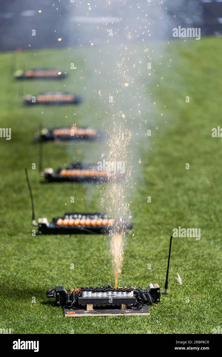 July 9, 2023; San Jose, CA, USA; Pyrotechnics light off during a post game send-off celebration ...