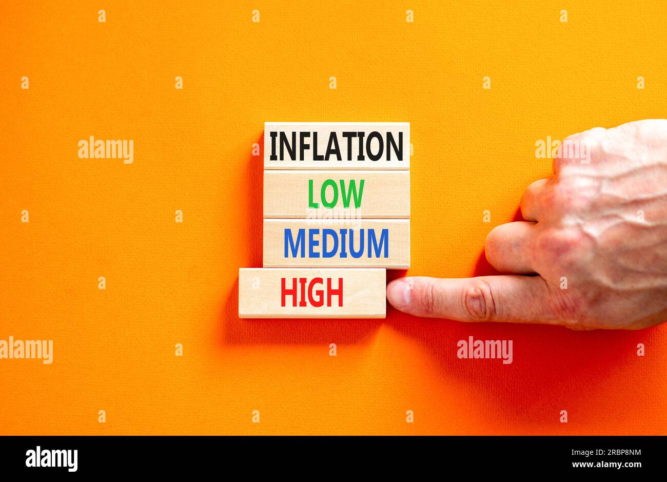 High inflation symbol. Concept word Inflation low medium high on wooden ...