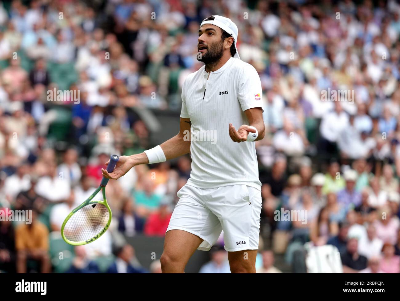 Matteo Berrettini reacts during his match against Carlos Alcaraz (not pictured) on day eight of ...