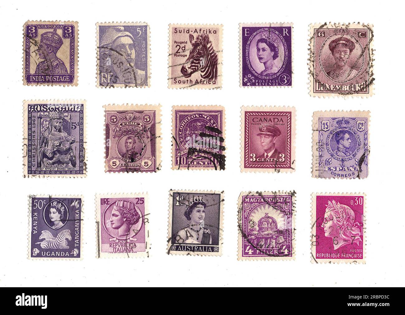 Purple vintage postage stamps from around the world on a white ...