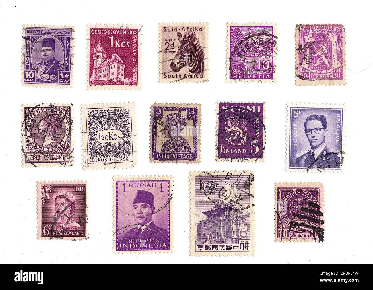 Purple vintage postage stamps from around the world on a white ...