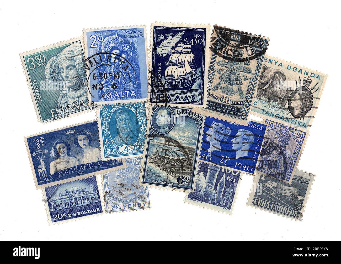 Blue vintage postage stamps from around the world on a white background ...