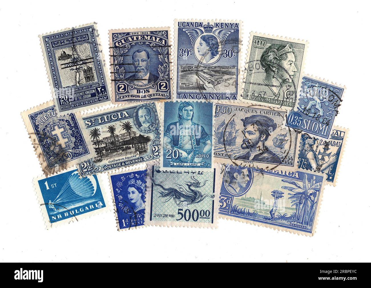 Blue vintage postage stamps from around the world on a white background ...