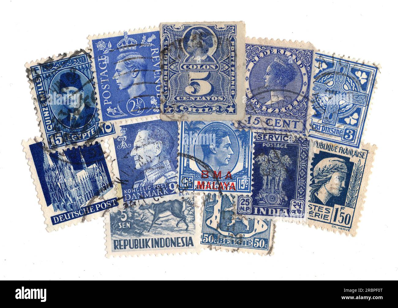 Blue vintage postage stamps from around the world on a white background ...