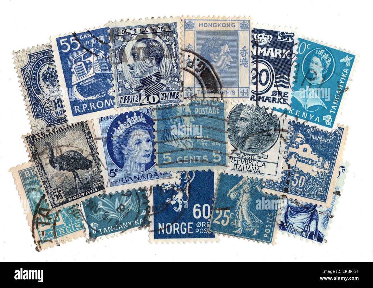 Blue vintage postage stamps from around the world on a white background ...