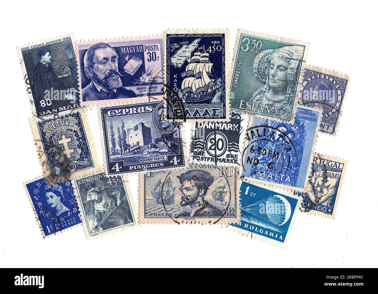 Blue vintage postage stamps from Europe on a white background Stock ...