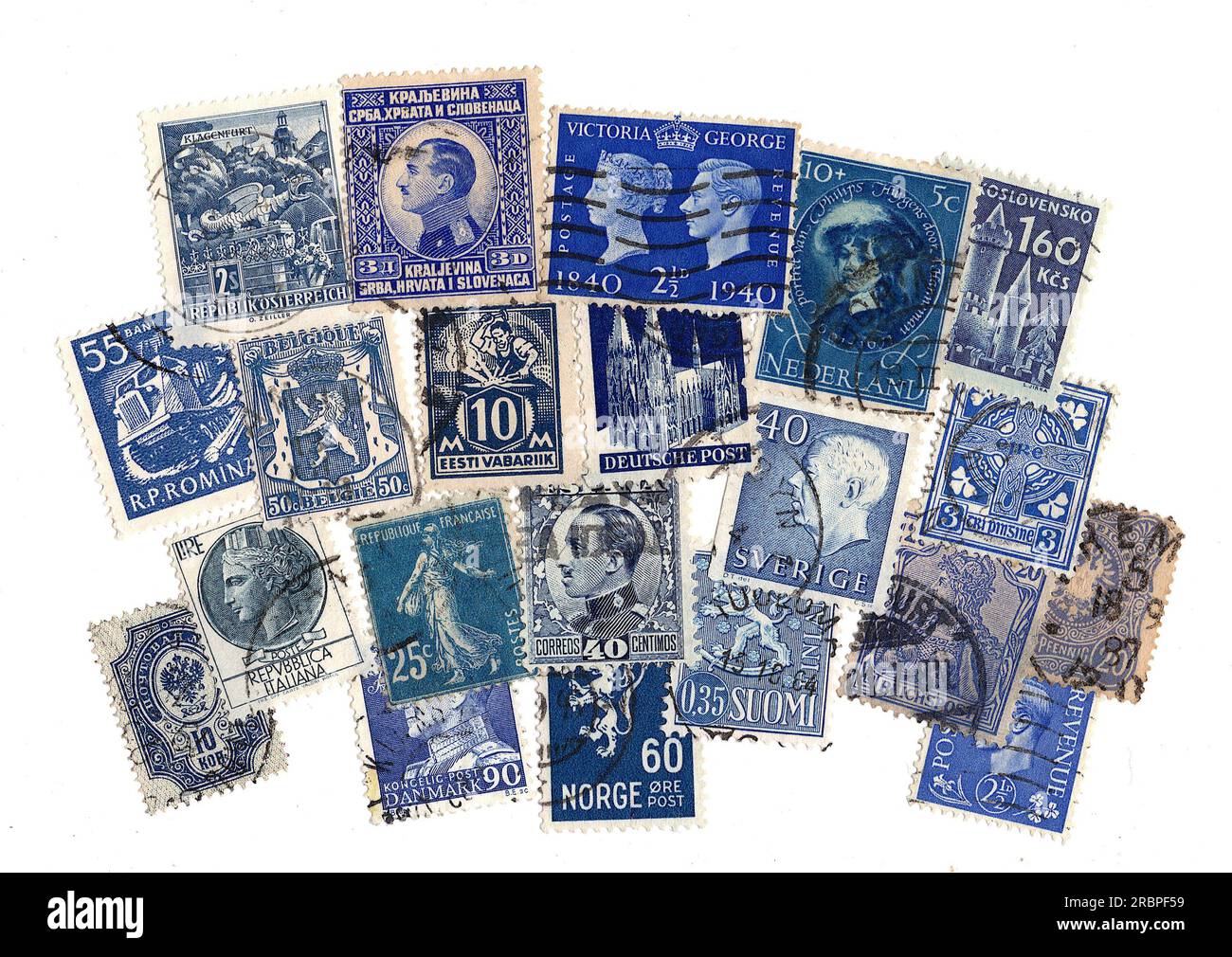 Blue vintage postage stamps from Europe on a white background Stock ...