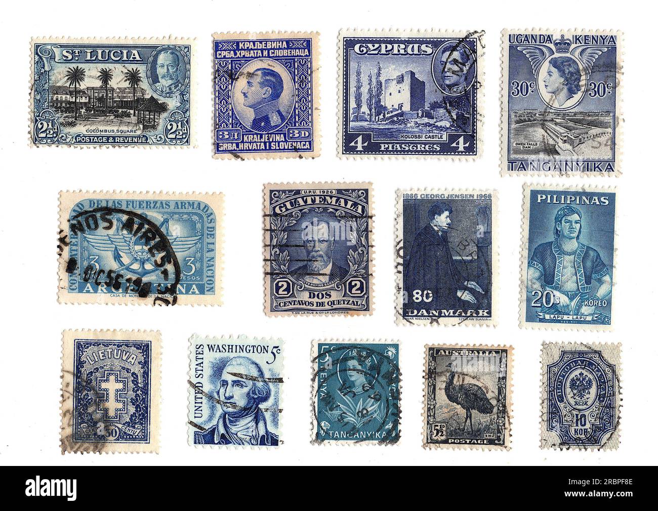 Blue vintage postage stamps from around the world on a white background ...
