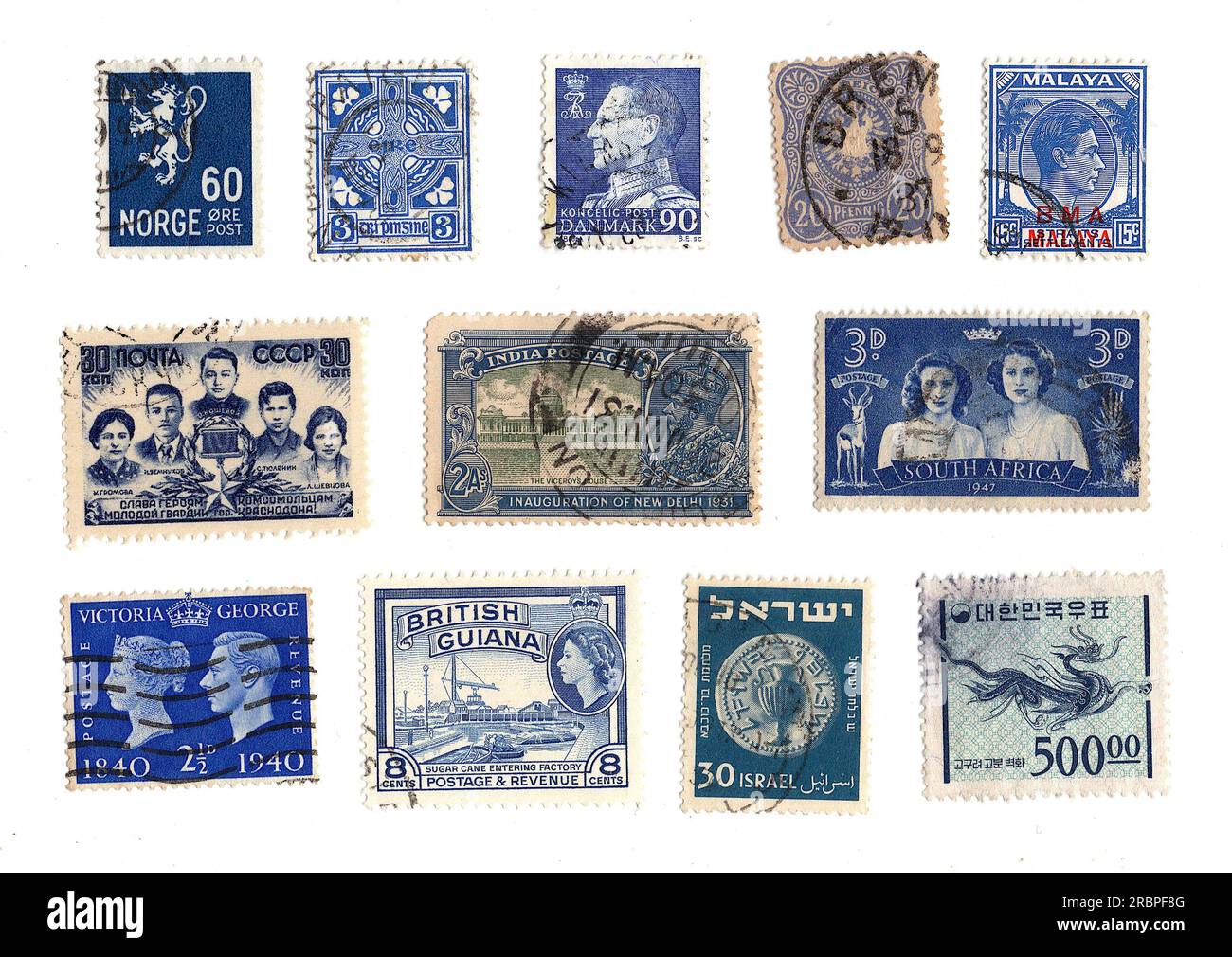 Blue vintage postage stamps from around the world on a white background ...