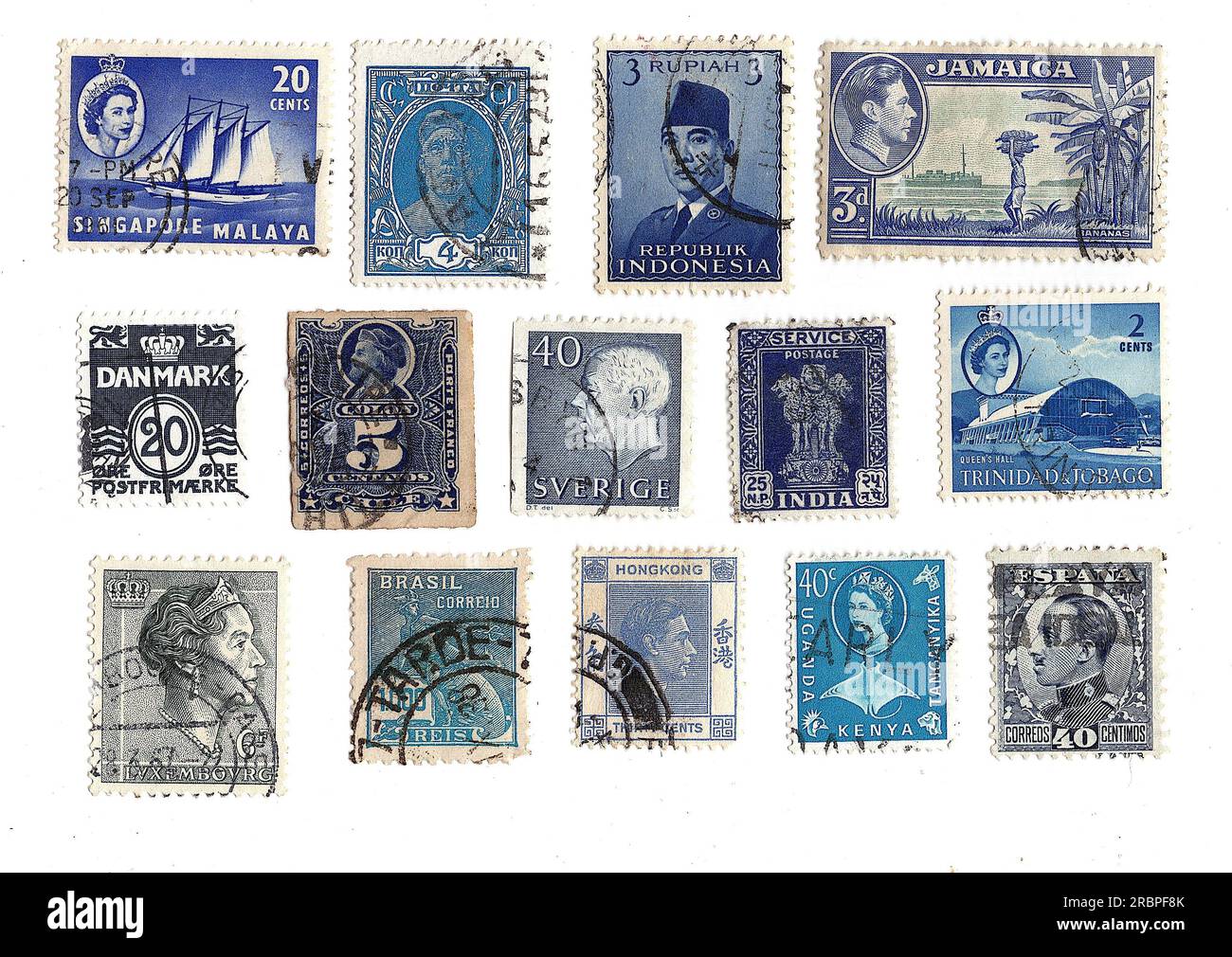 Blue vintage postage stamps from around the world on a white background ...
