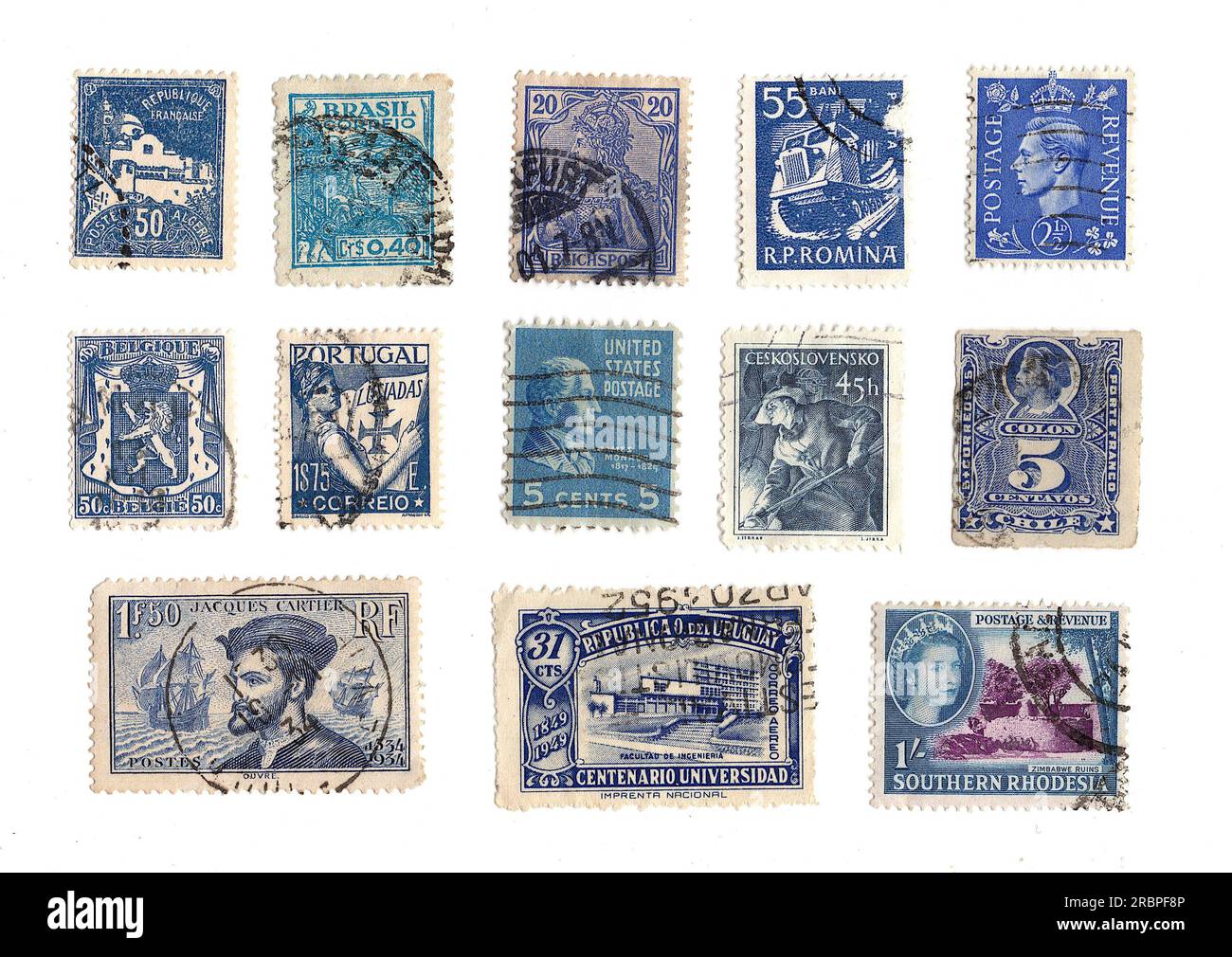 Blue vintage postage stamps from around the world on a white background ...