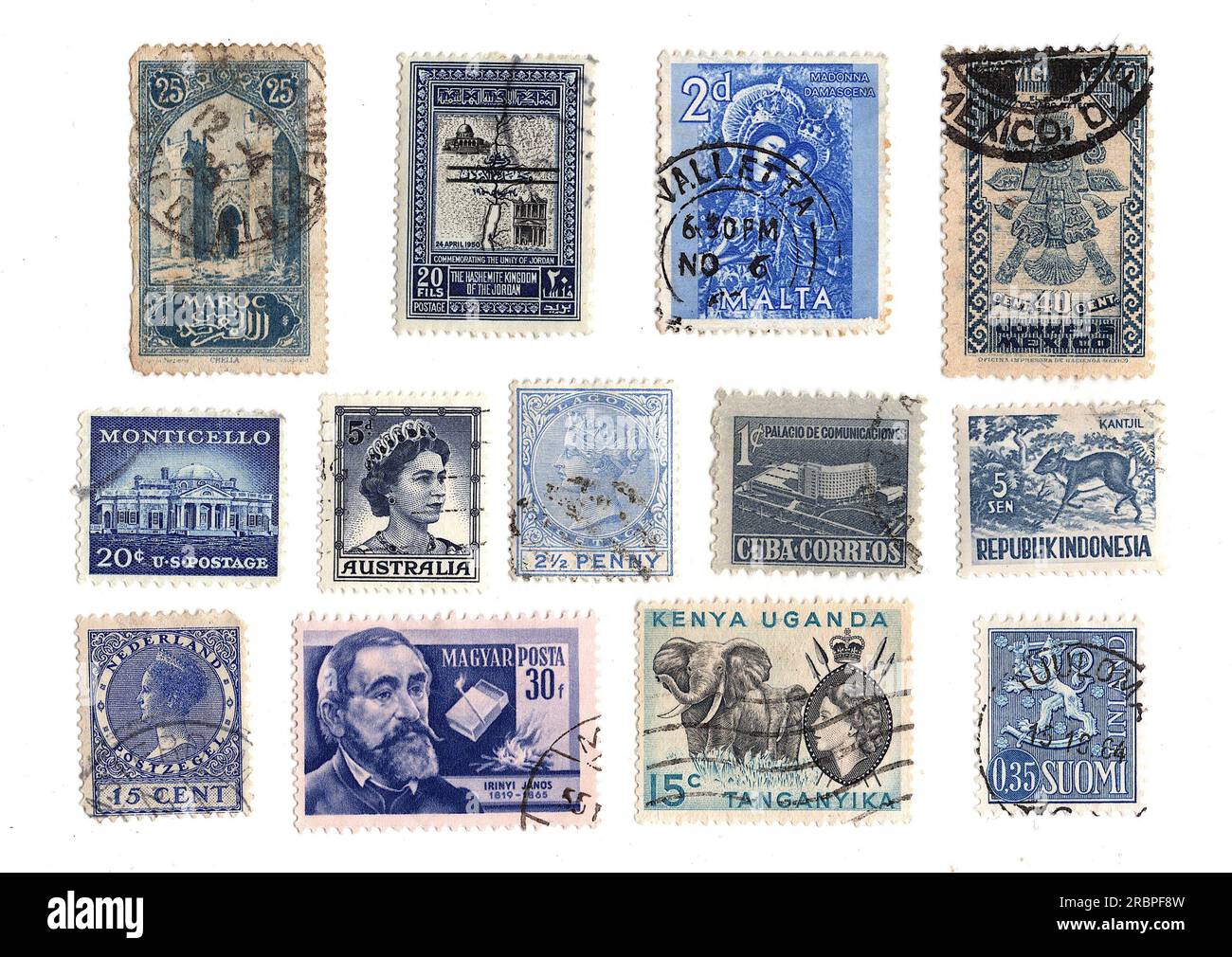 Blue vintage postage stamps from around the world on a white background ...