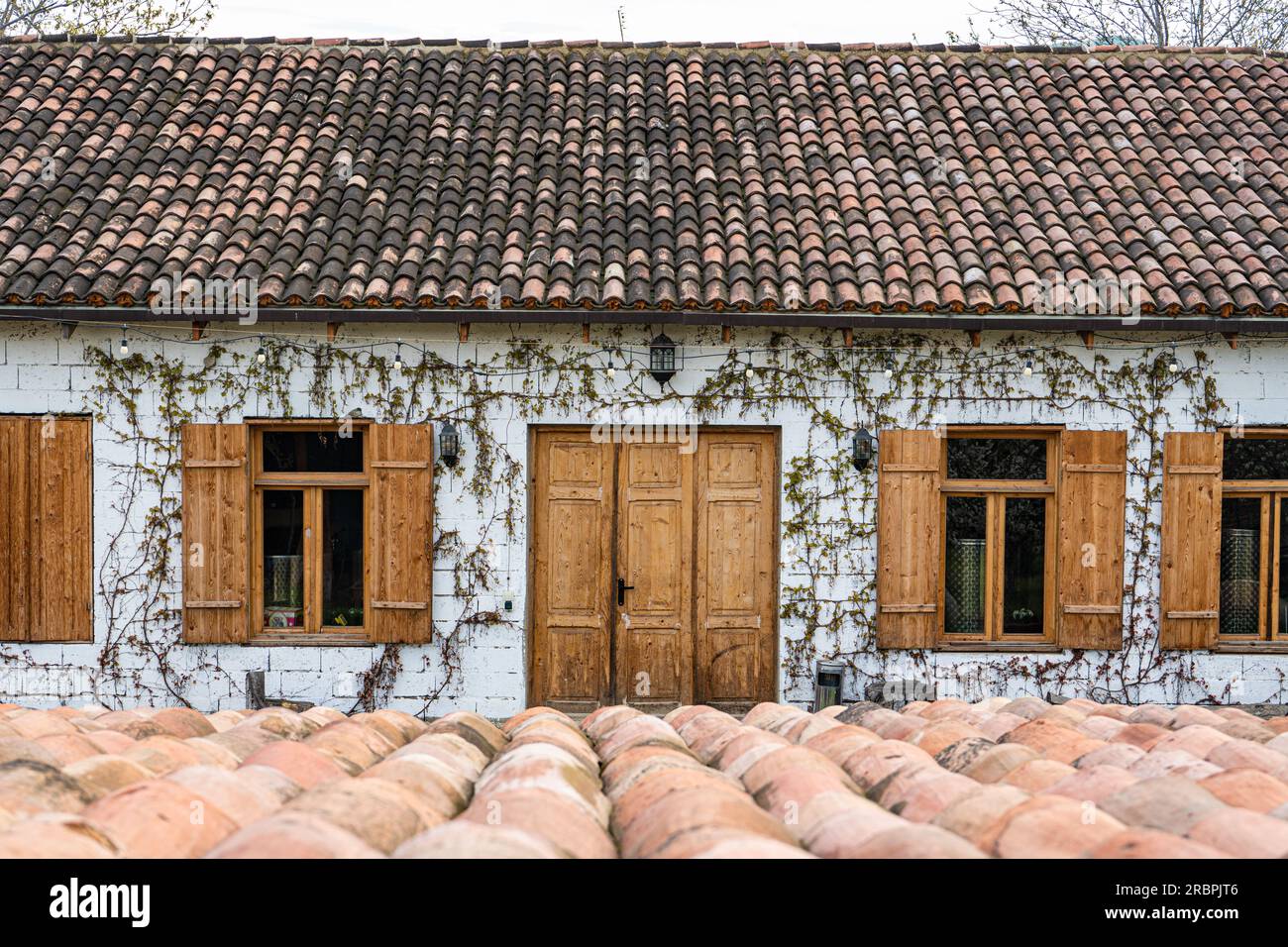 Winery building with white stone walls covered with grape and shingles ...