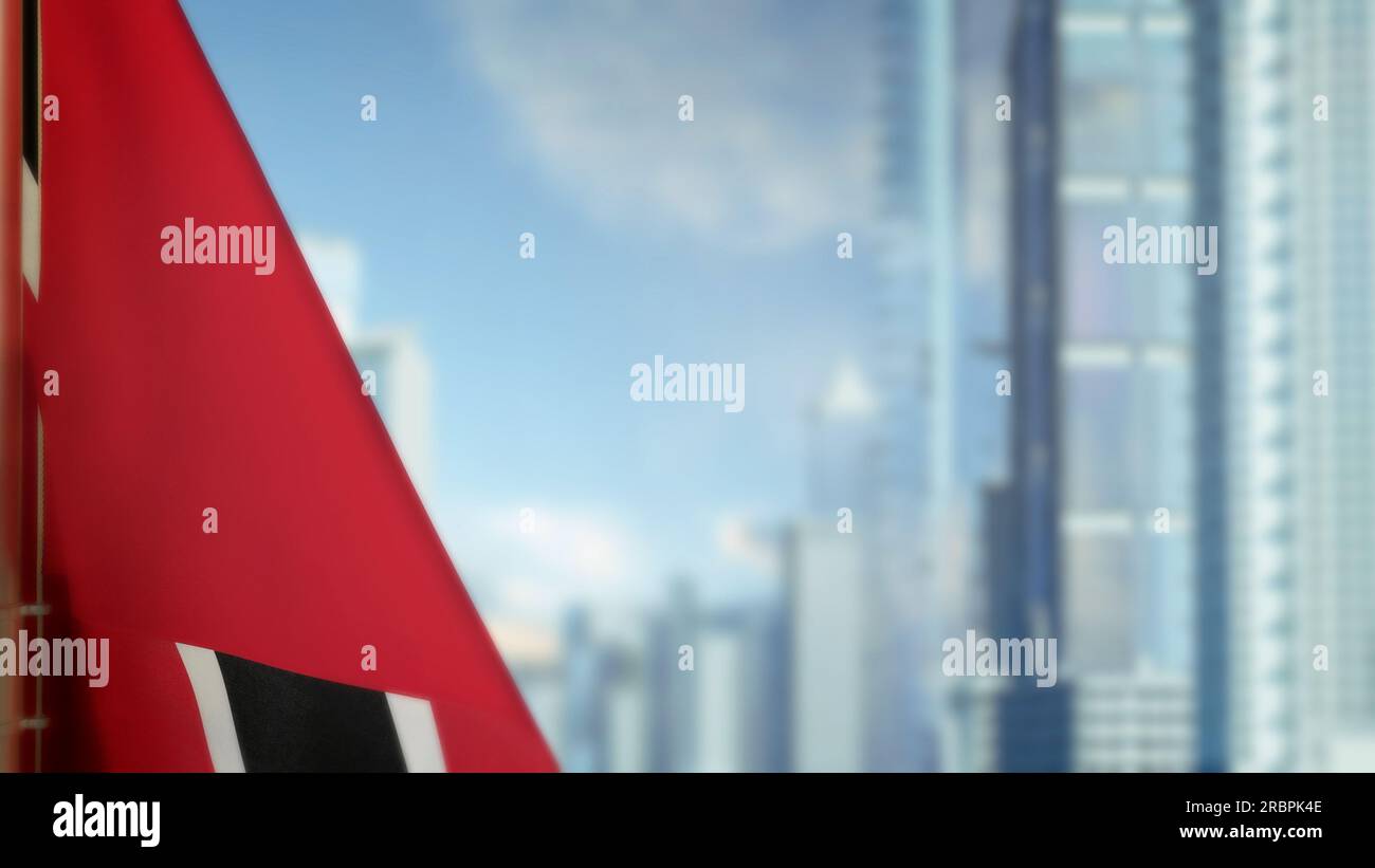 flag of Trinidad and Tobago on modern city architecture bokeh bg for ...