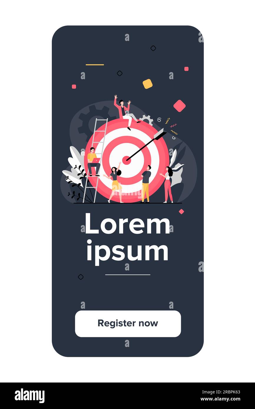 Positive tiny people sitting and walking near huge target Stock Vector ...