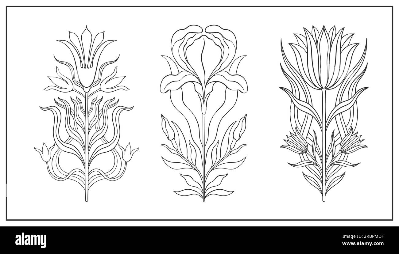 Floral flower in art nouveau 1920-1930. Hand drawn tulip in a linear ...