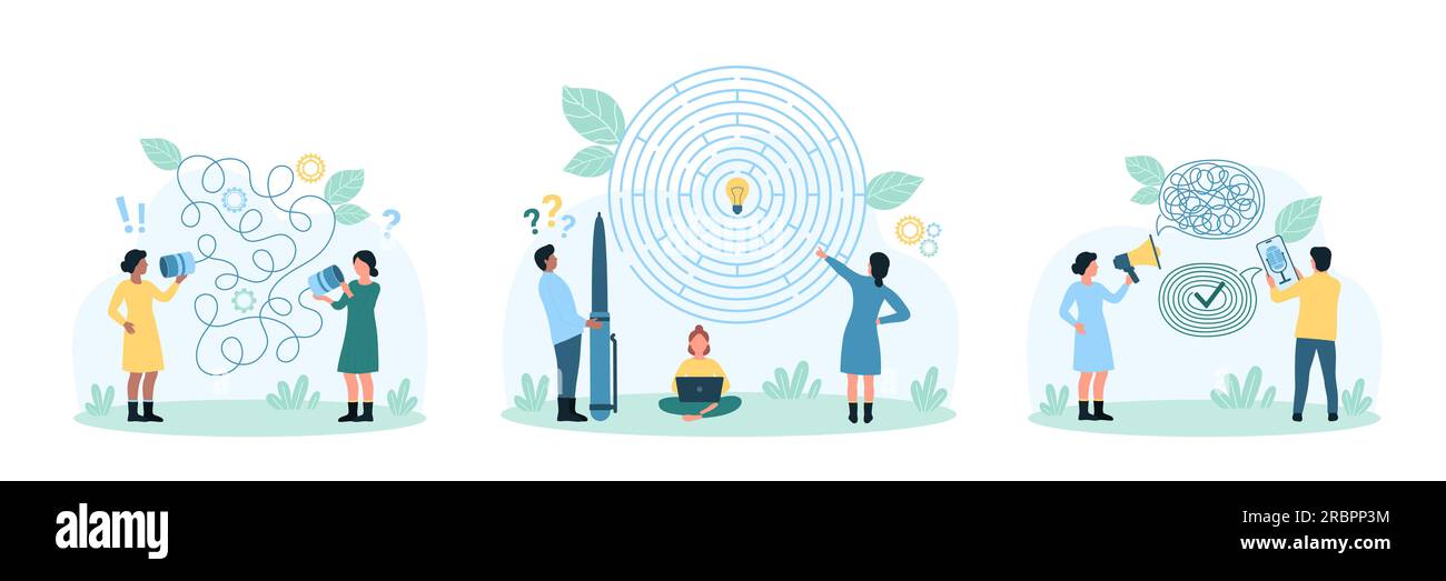 Bad communication and explanation set vector illustration. Cartoon tiny ...